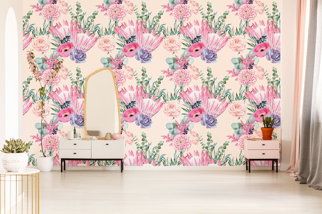 Pink Floral Pattern Wallpaper, Self Adhesive, Peel and Stick Botanical ...