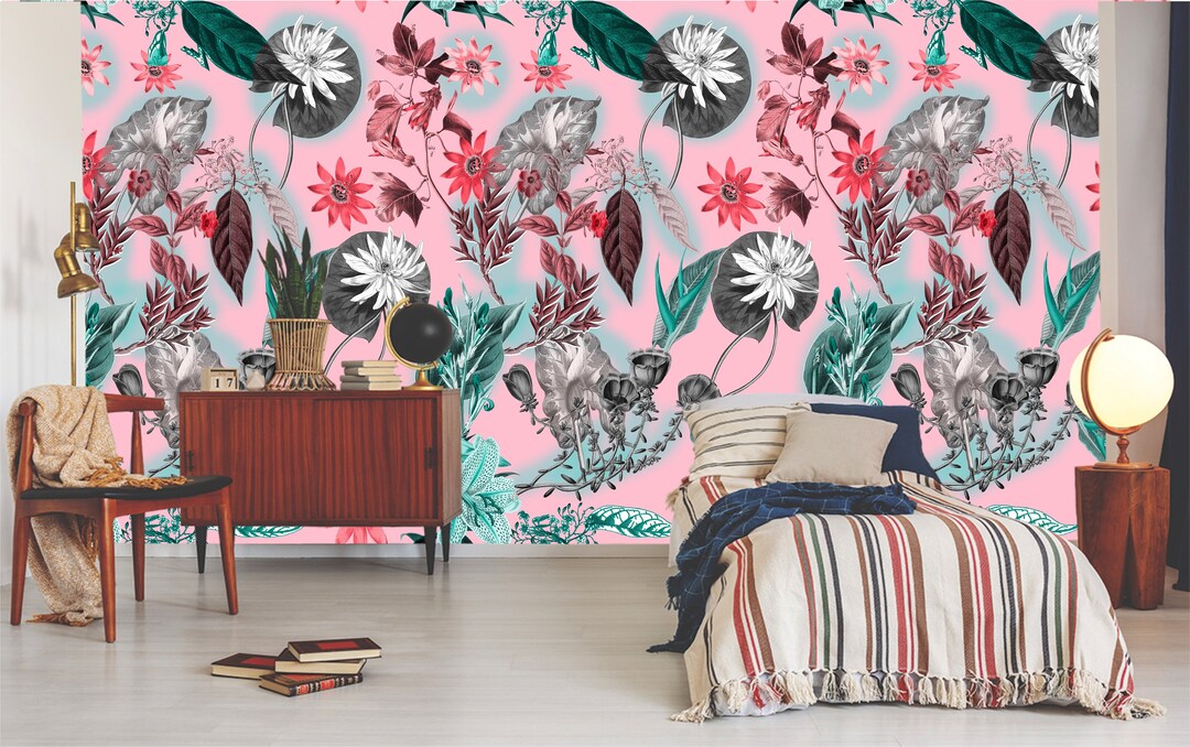 Pink and Teal Floral Wallpaper | Self-adhesive Wallpaper, Removable ...