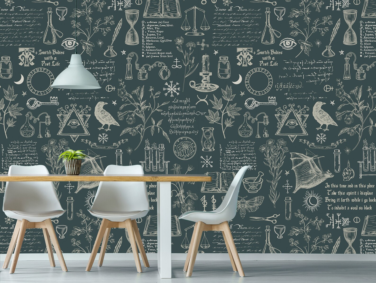 Dark Green Alchemy Motive Wallpaper With Ravens, Bats, Plants and ...