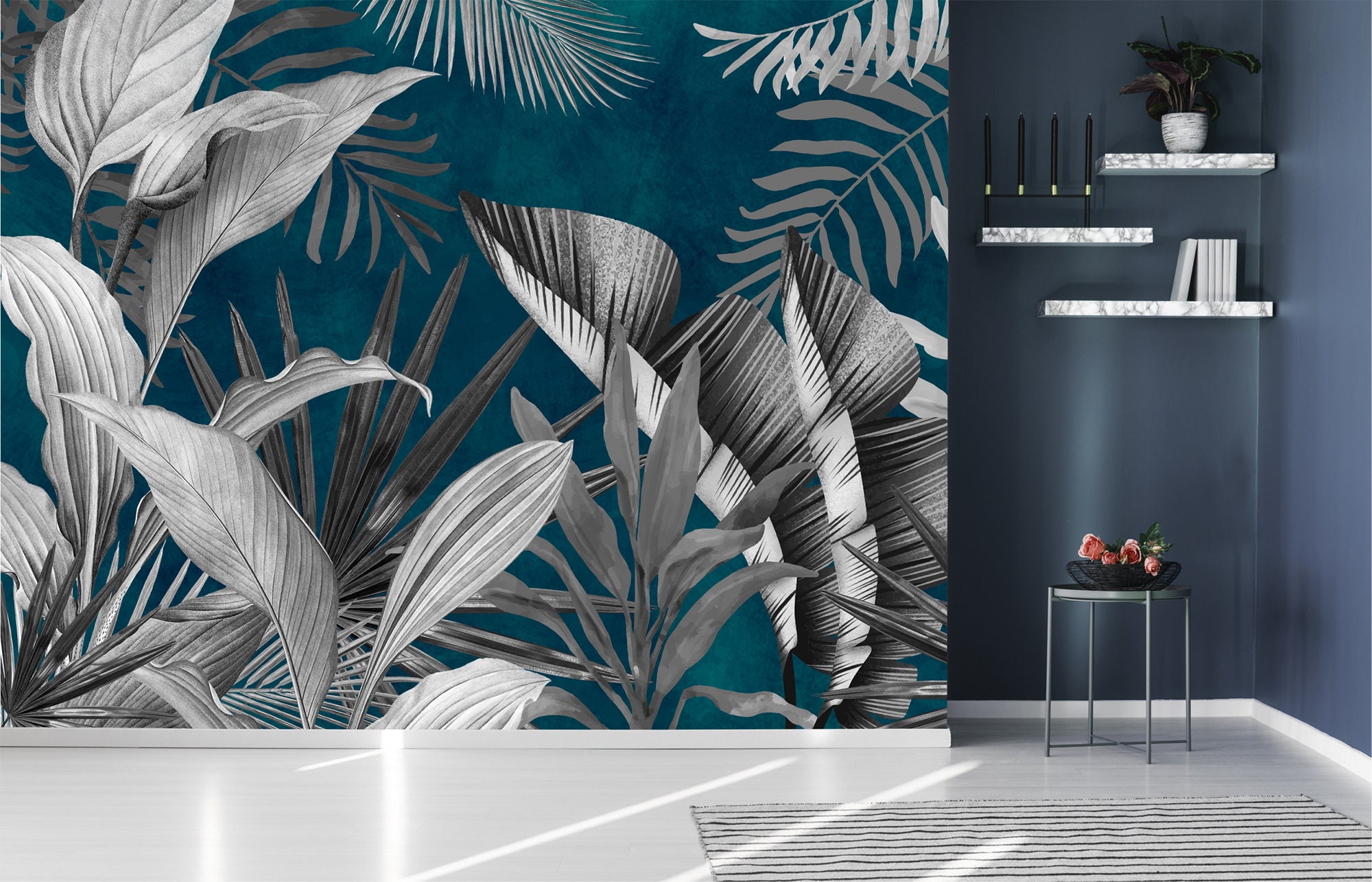 Tropical Leaves on a Blue Background Wallpaper - Etsy