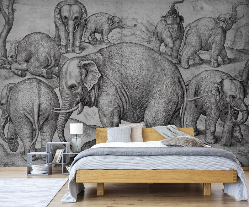 Black and Gray Elephants Ink Art Wallpaper Peel & Stick Self - Etsy