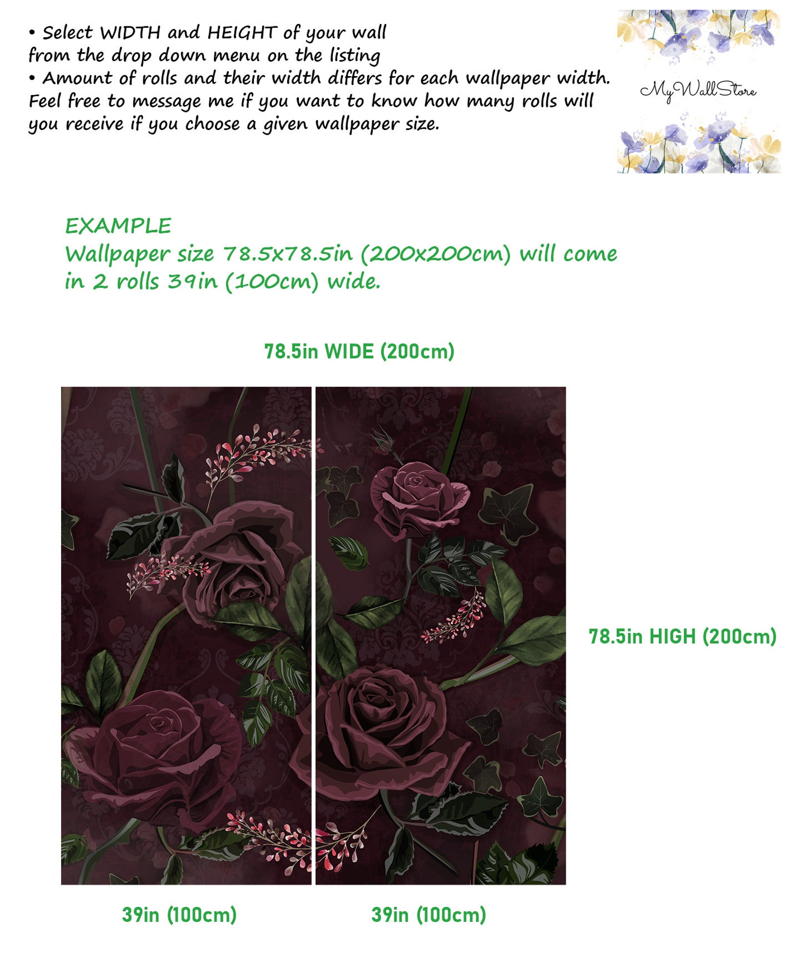 Dark Burgundy Rose Mural, Big Flowers Wallpaper* | Self-adhesive ...