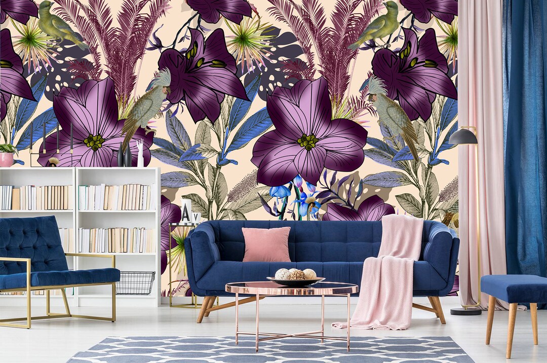 Purple Floral Wallpaper, Tropical Peel and Stick Wall Mural - Etsy