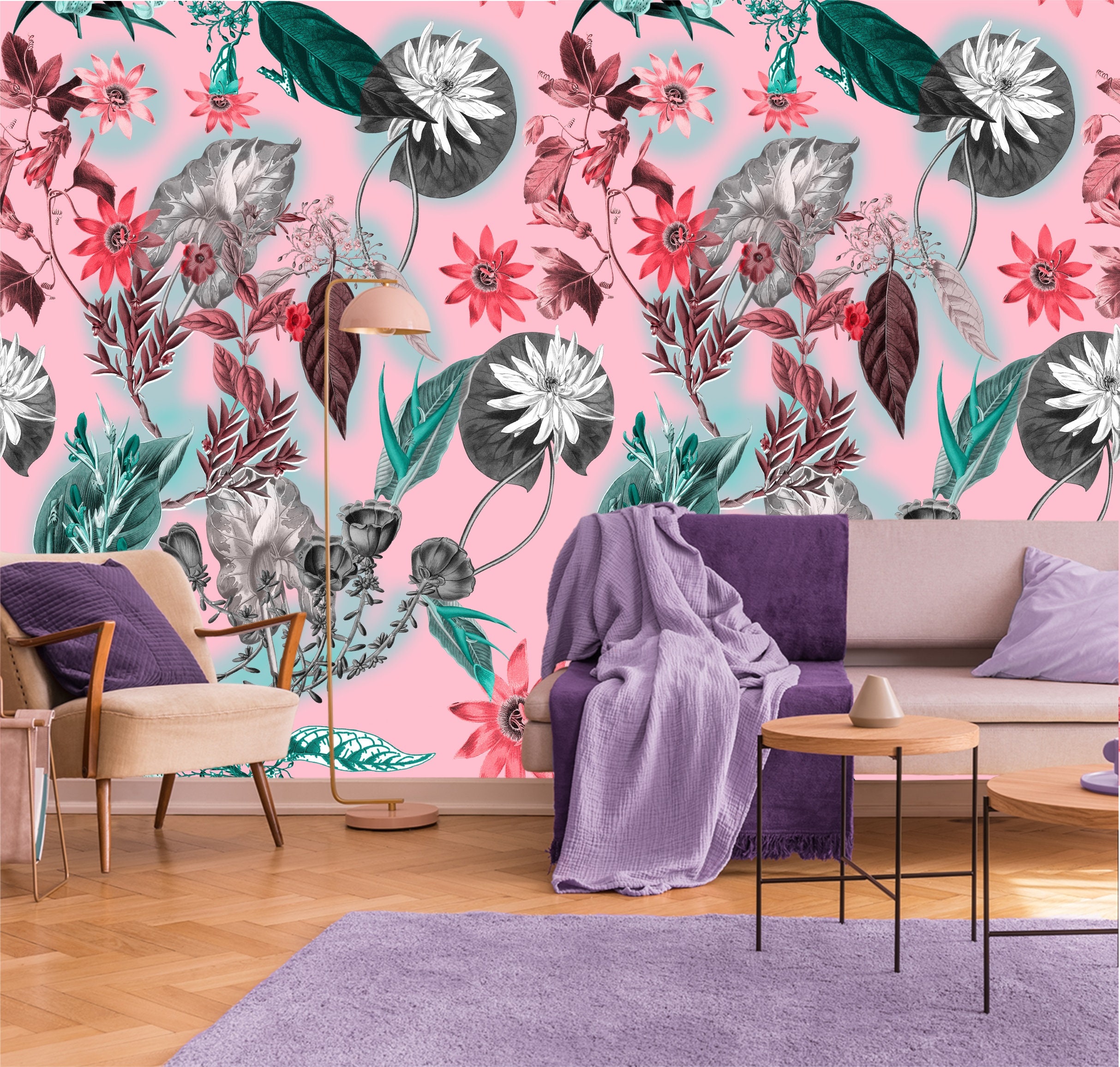 Pink and Teal Floral Wallpaper Self-adhesive Wallpaper | Etsy