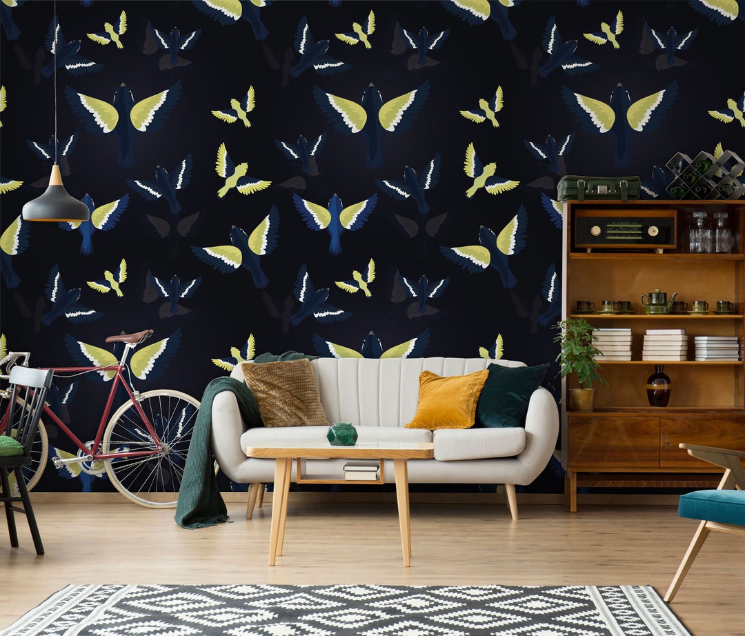Dark Navy Blue & Yellow Bird Pattern Wallpaper, Flying Birds Wall Mural ...
