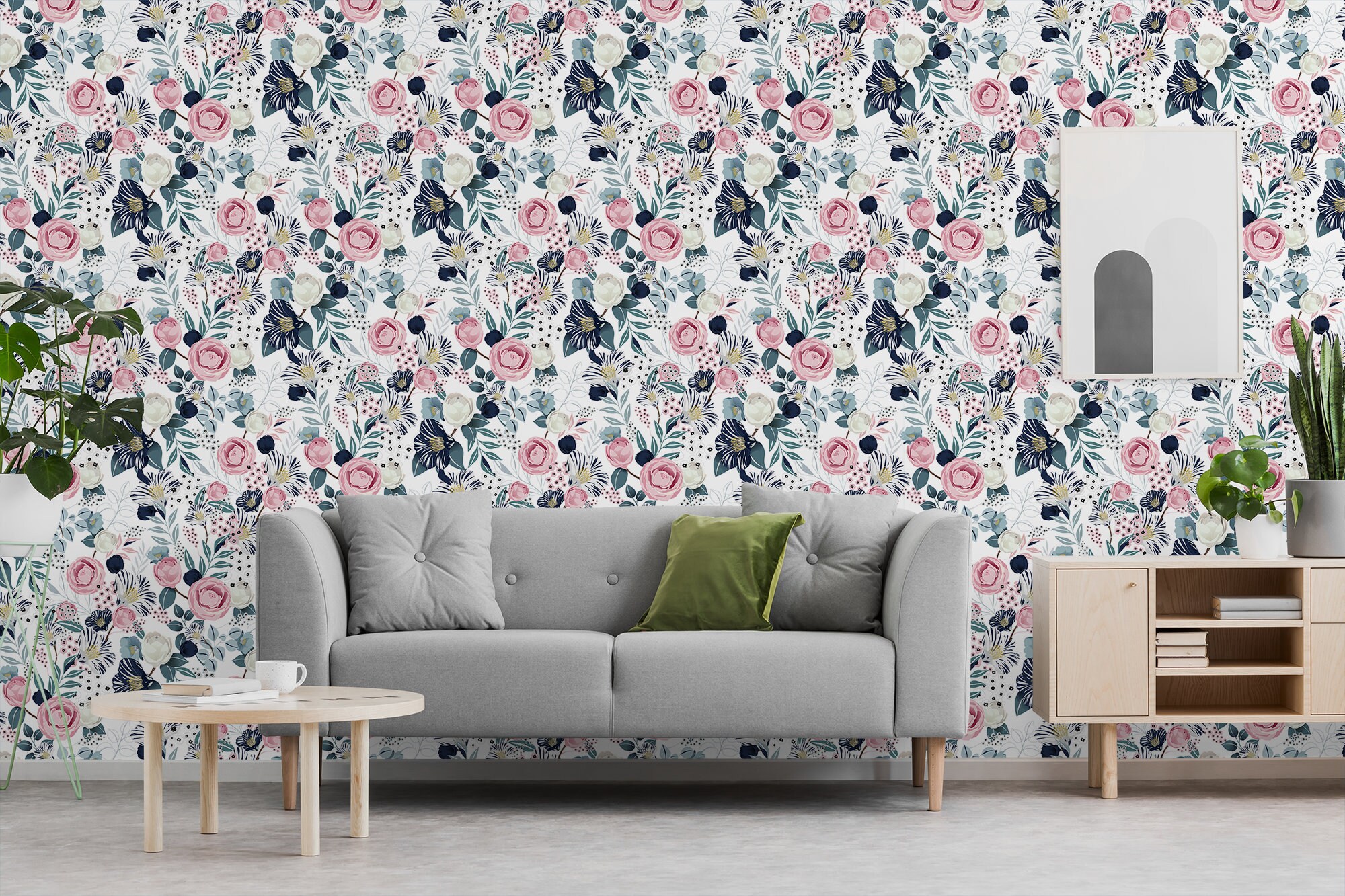 Pink and Green Floral Pattern Wallpaper Peel and Stick Floral | Etsy