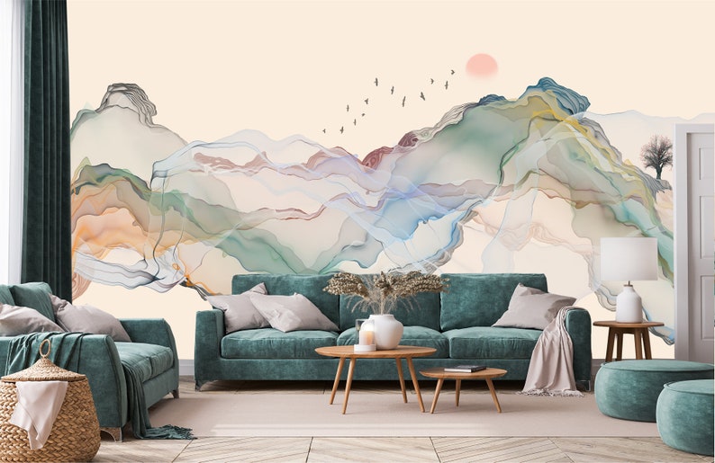Abstract Japanese Art Wallpaper, Painted Landscape Mural | Self ...