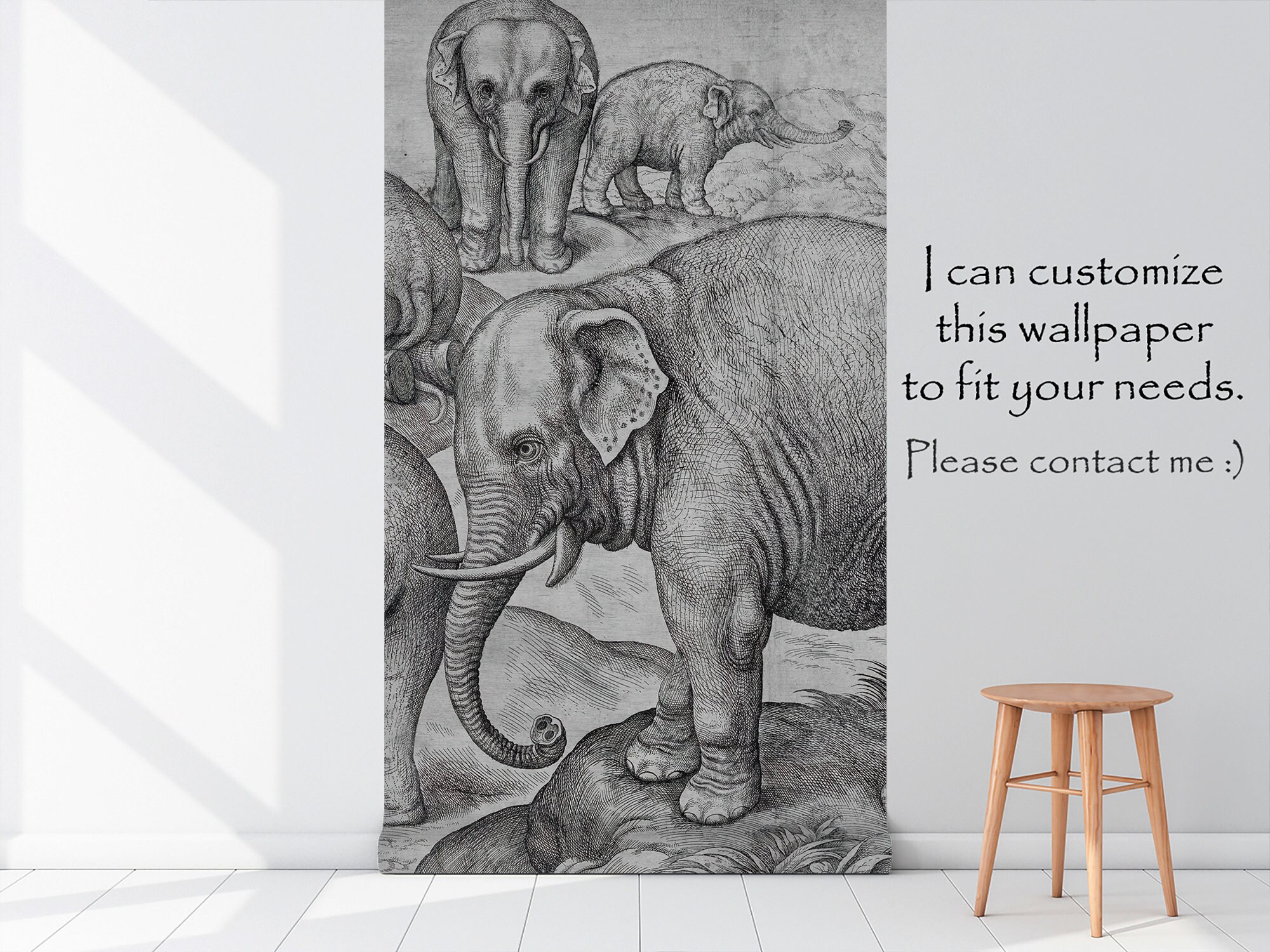 Black and Gray Elephants Ink Art Wallpaper Peel & Stick Self - Etsy