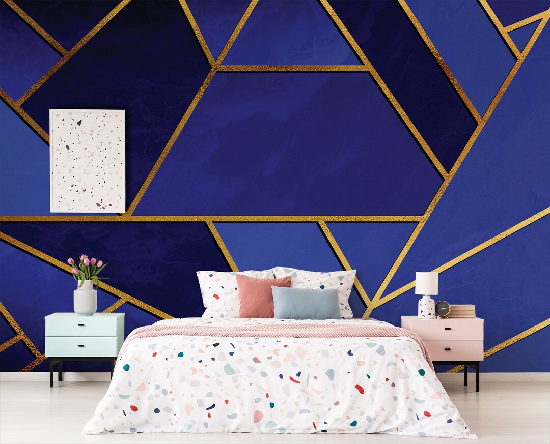 Elegant Cobalt Matte Gold Wall Wallpaper, Peel and Stick Wall Mural - Etsy