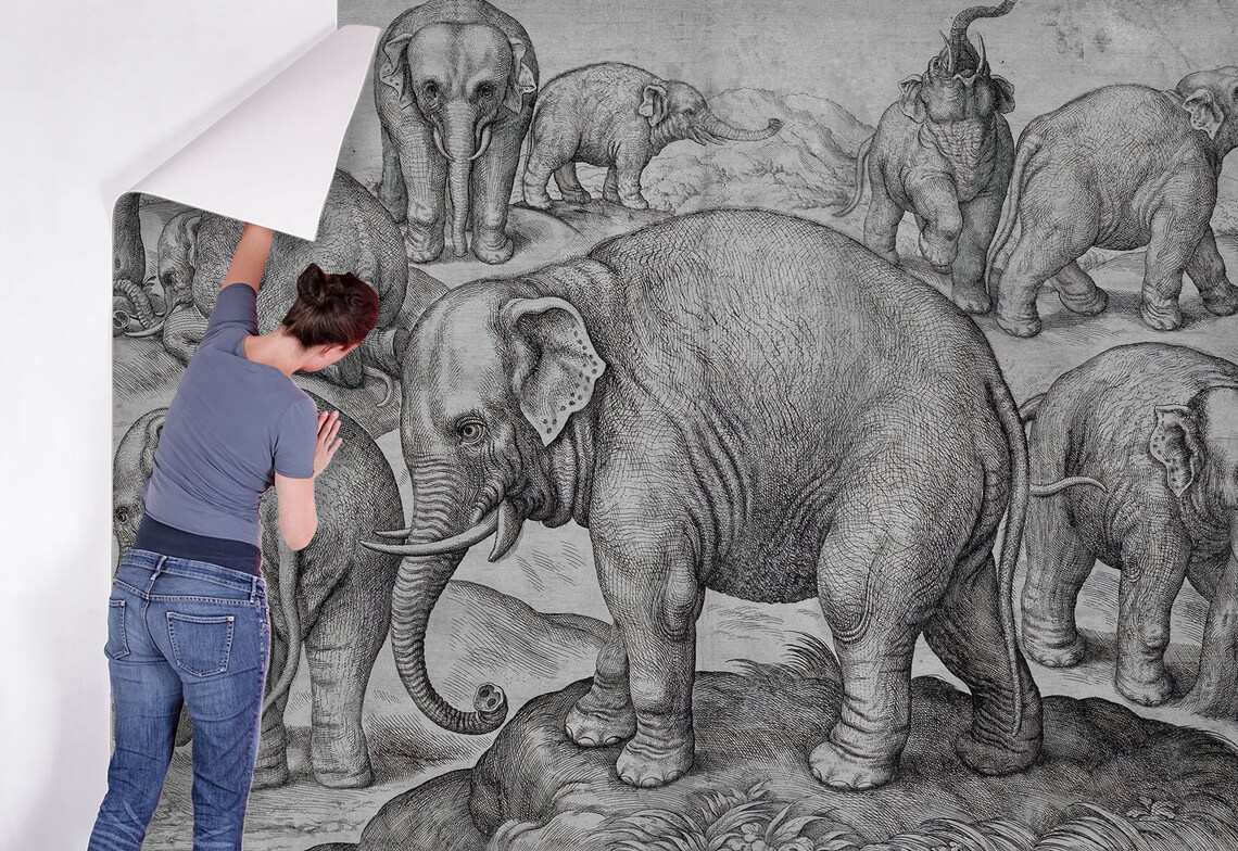 Black and Gray Elephants Ink Art Wallpaper Peel & Stick Self - Etsy