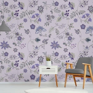Lilac Ethnic Floral Leafy Wallpaper, Purple Abstract Pattern* | Peel ...