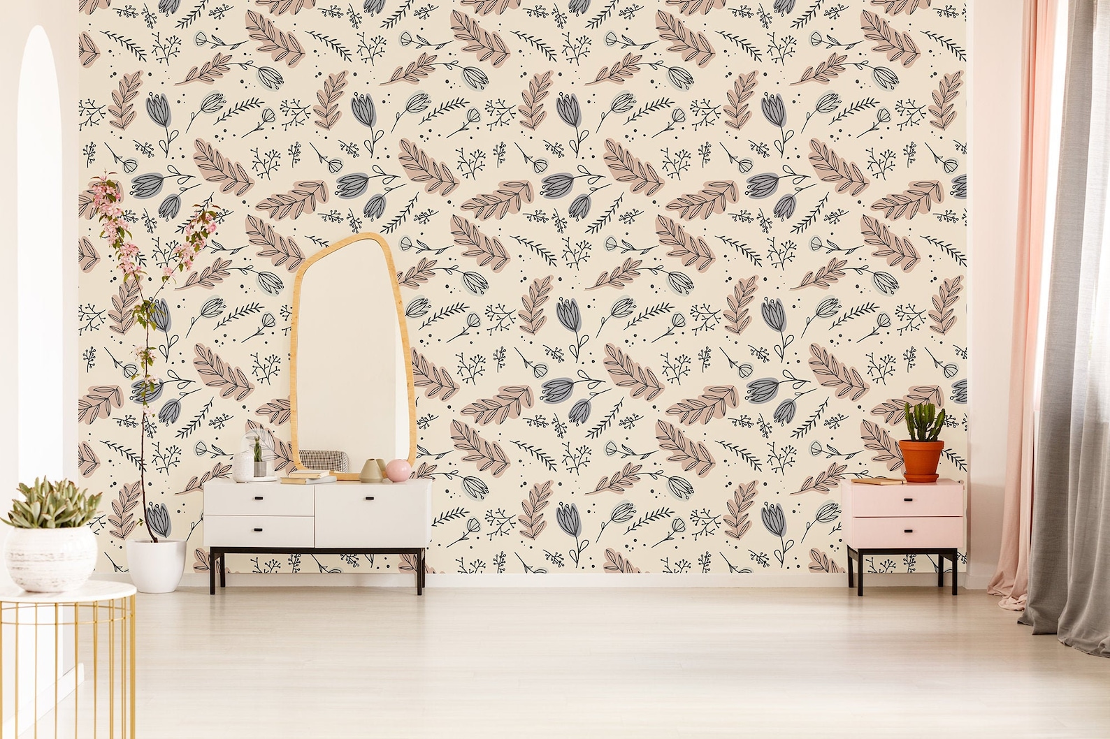 Beige Wallpaper With Small Leaf and Flower Pattern Self - Etsy