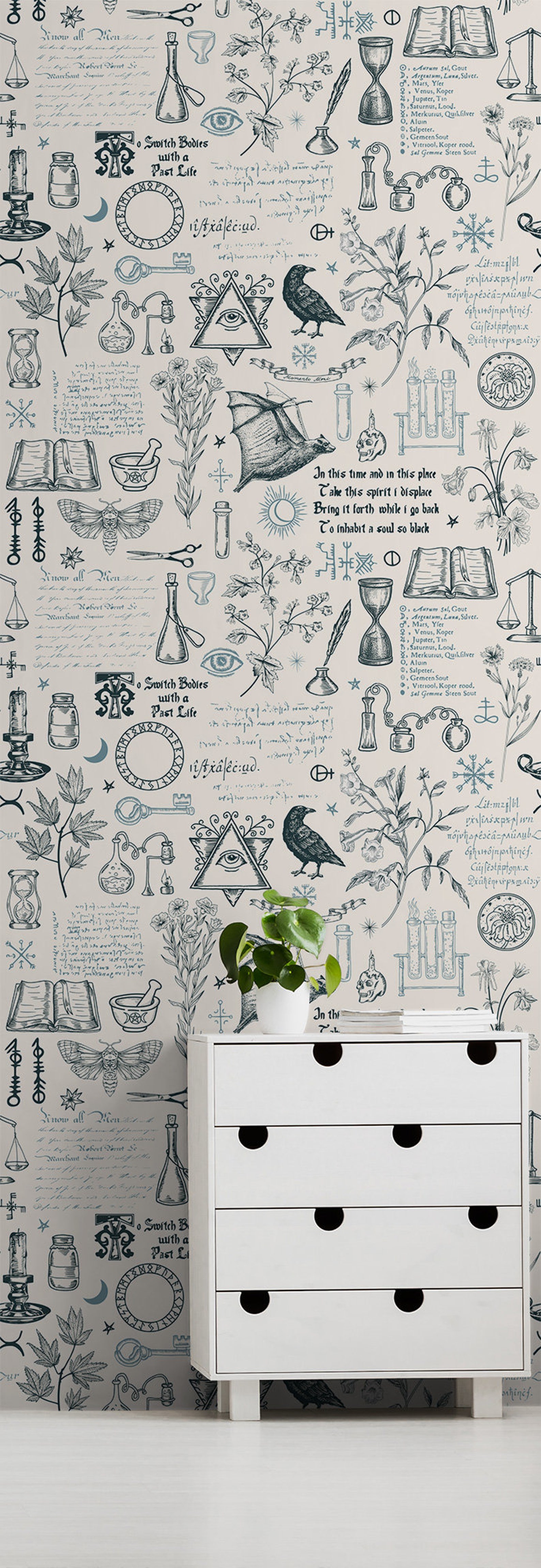 Alchemy Wallpaper, Ravens, Bats, Mystic Symbols, Peel and Stick - Etsy UK
