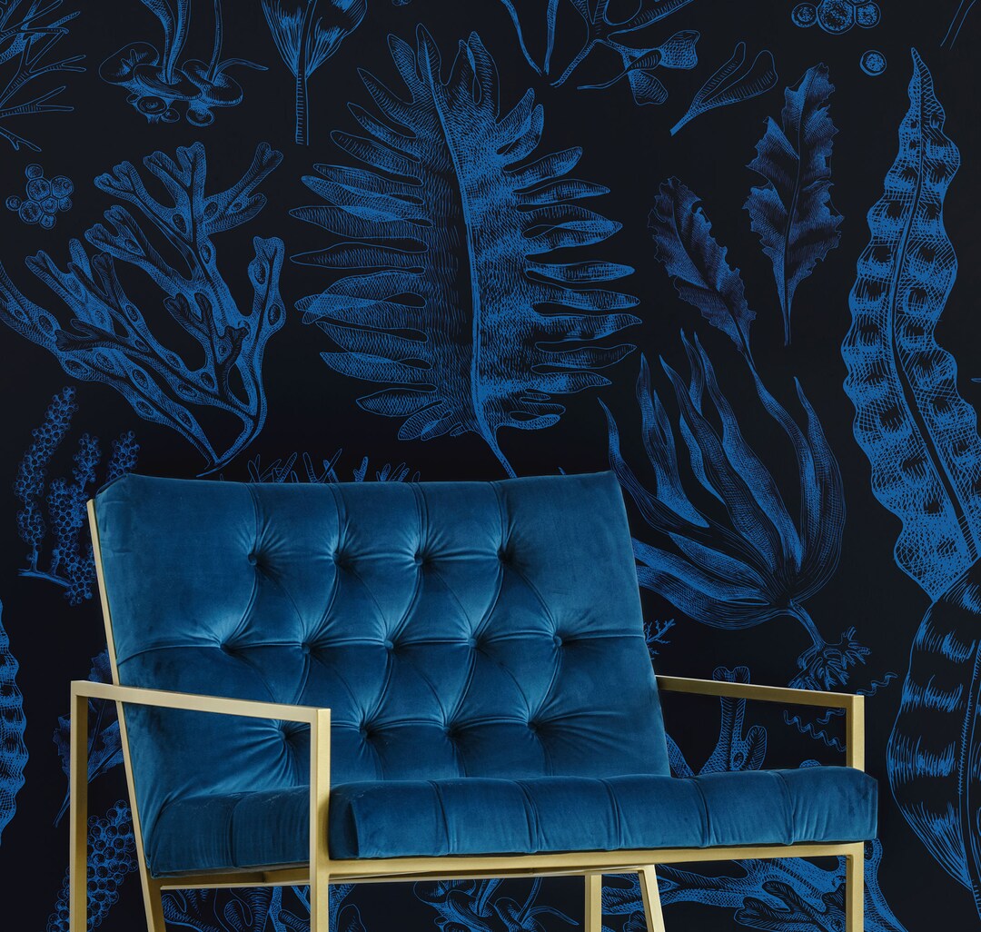 Dark Deep Blue Leaf Pattern Wallpaper* | Self-adhesive, Removable, Peel ...