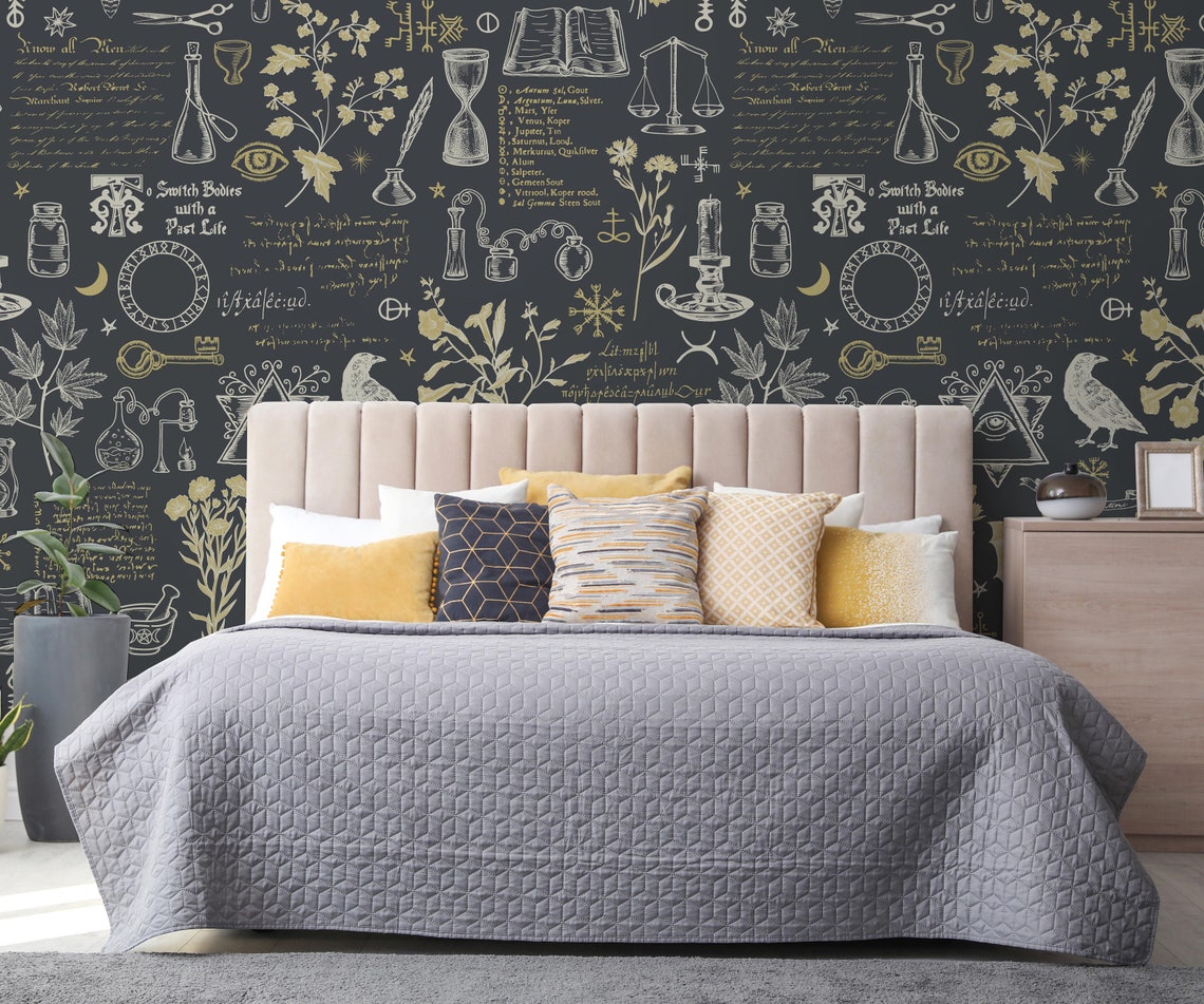 Dark Gray and Yellow Alchemy Motive Wallpaper With Ravens - Etsy