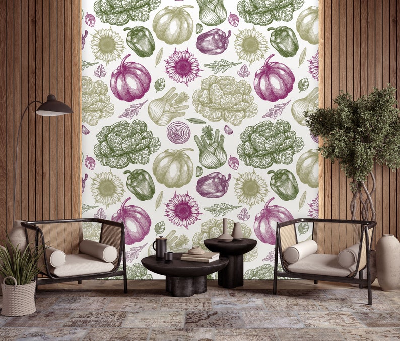 Vegetable Pattern Wallpaper, Kitchen Restaurant Wall Mural, Peel and ...