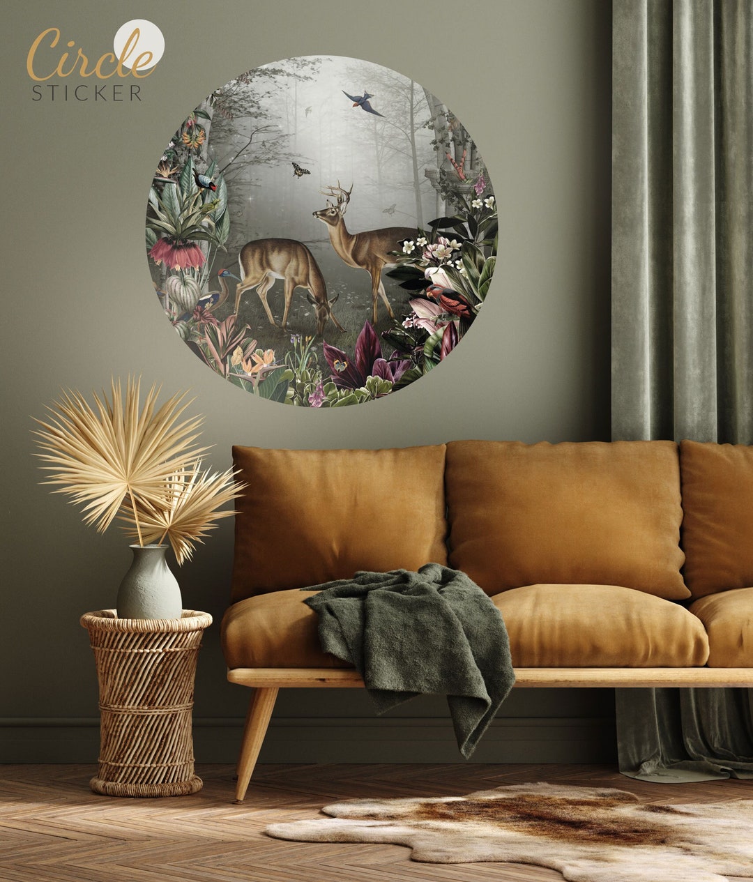 Deer Sticker, Forest and Flower Decal, Room Wall Decor, Circle Wall ...