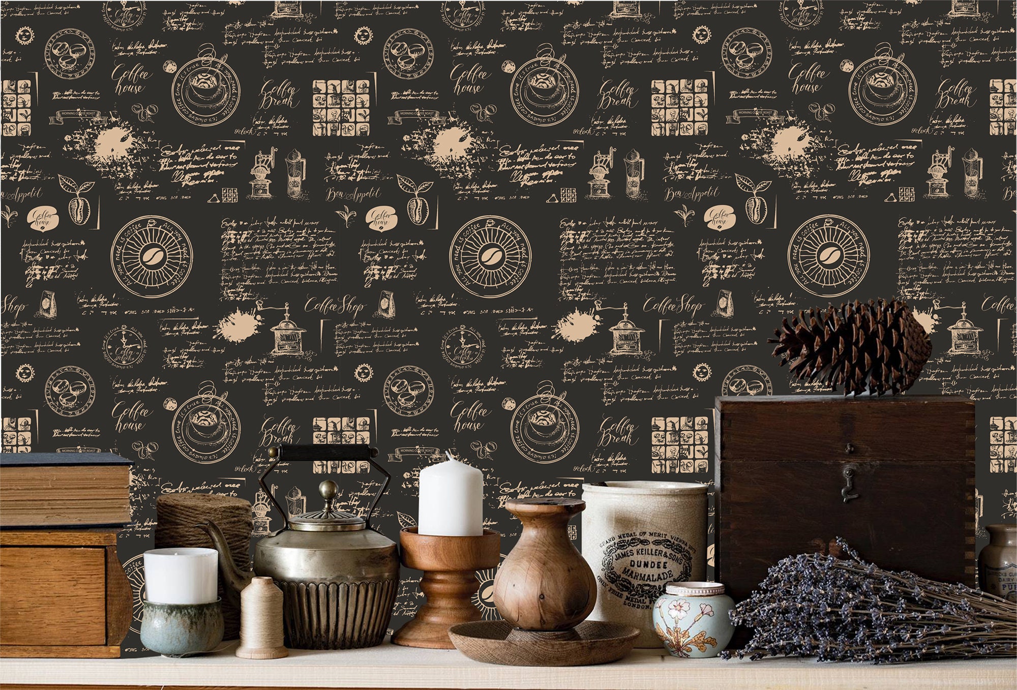Coffee Wallpaper Coffee Symbols Retro Style Self-adhesive - Etsy