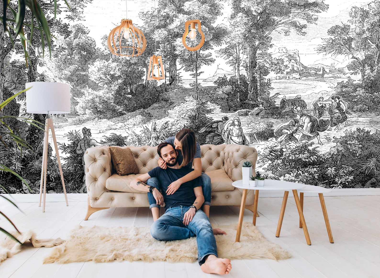 Old Black and White Tree and People Landscape Wallpaper - Etsy