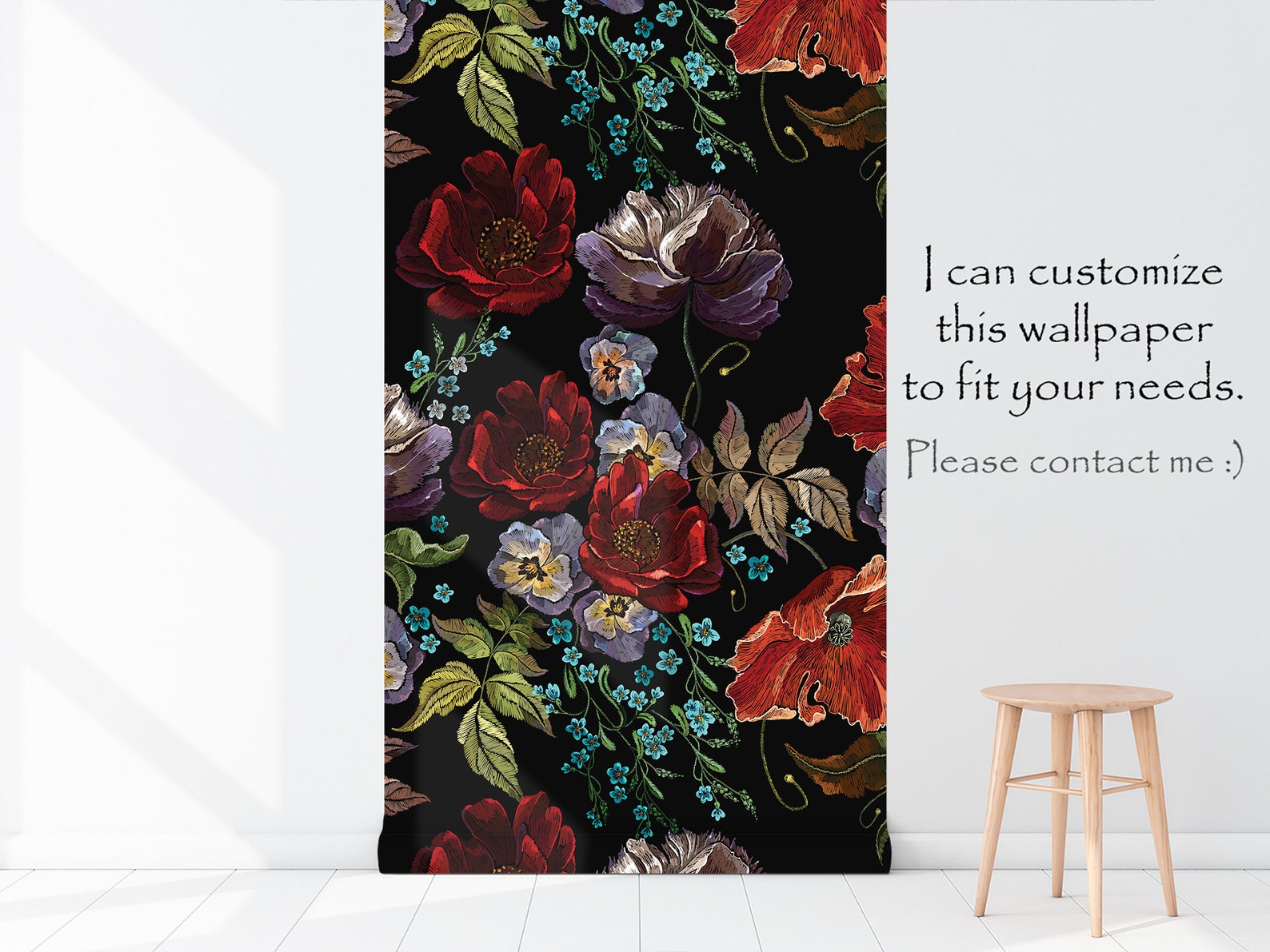 Black Wallpaper With Blooming Field Flowers Self Adhesive - Etsy