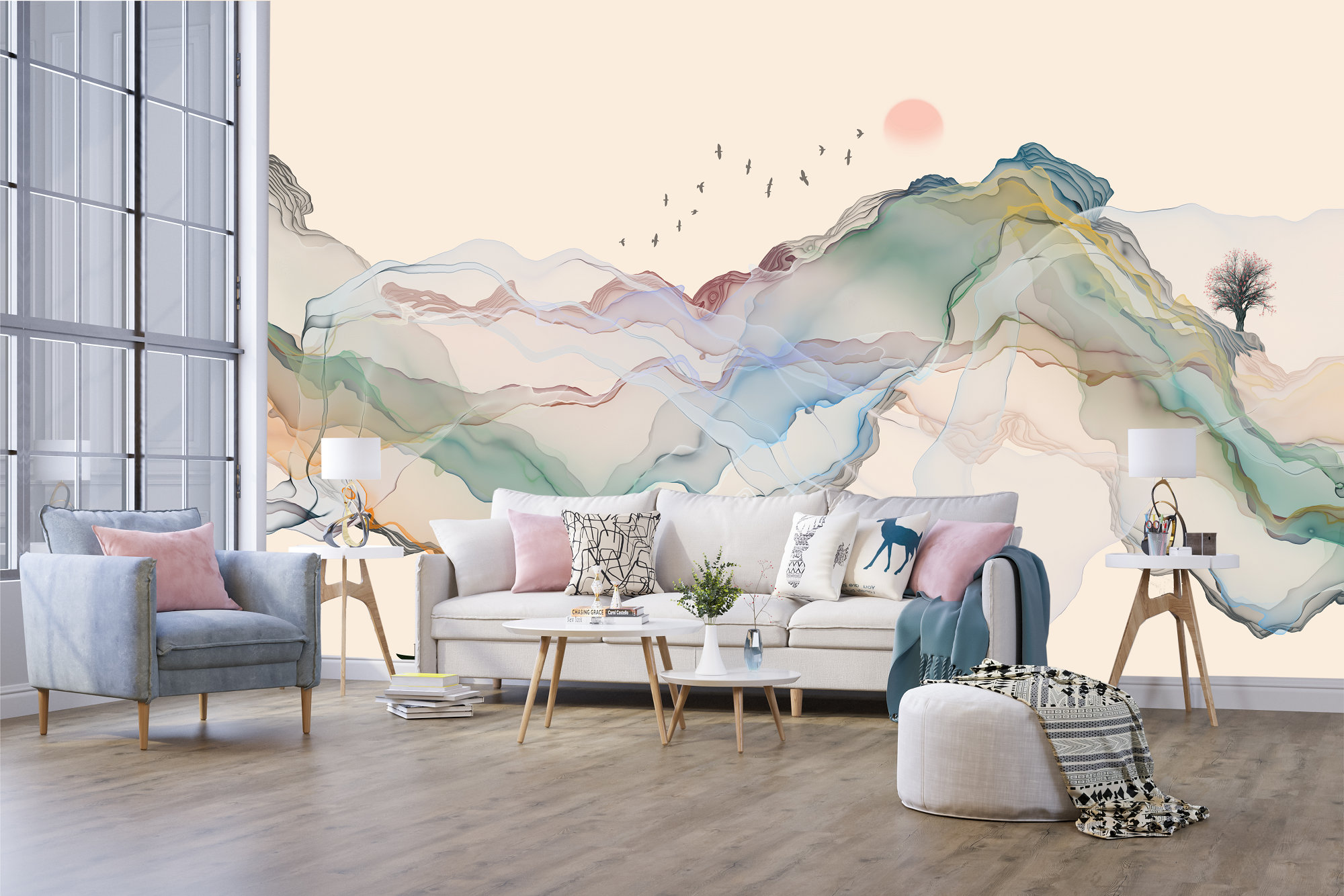 Abstract Japanese Art Wallpaper Painted Landscape Mural | Etsy