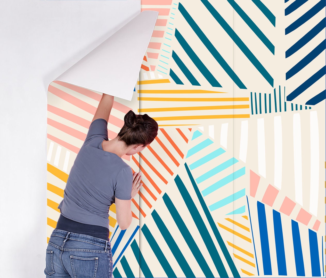 Colorful Geometric Wallpaper With Stripes Self Adhesive Peel - Etsy
