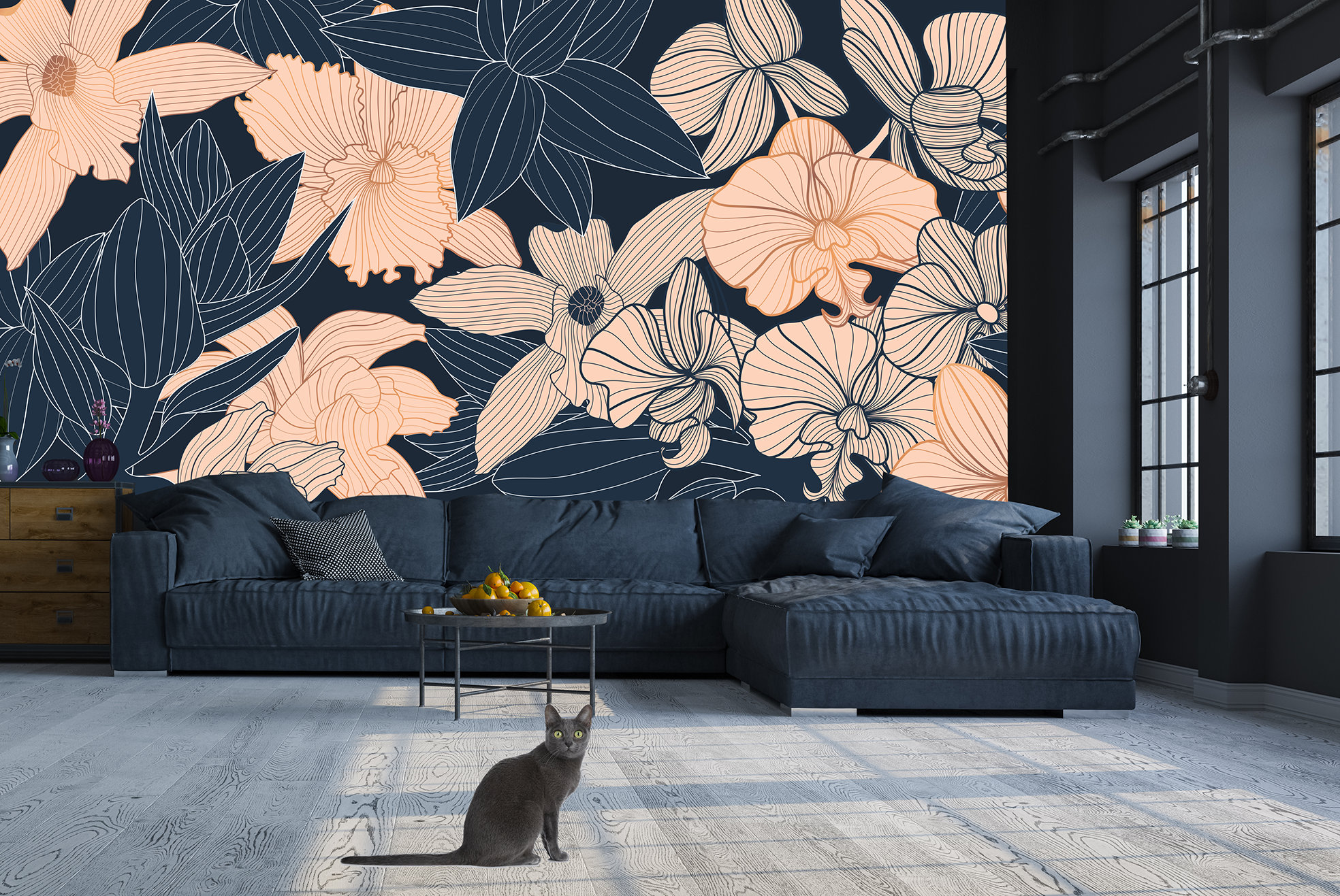 Floral Mural Large Navy Blue and Salmon Flowers on a Dark - Etsy