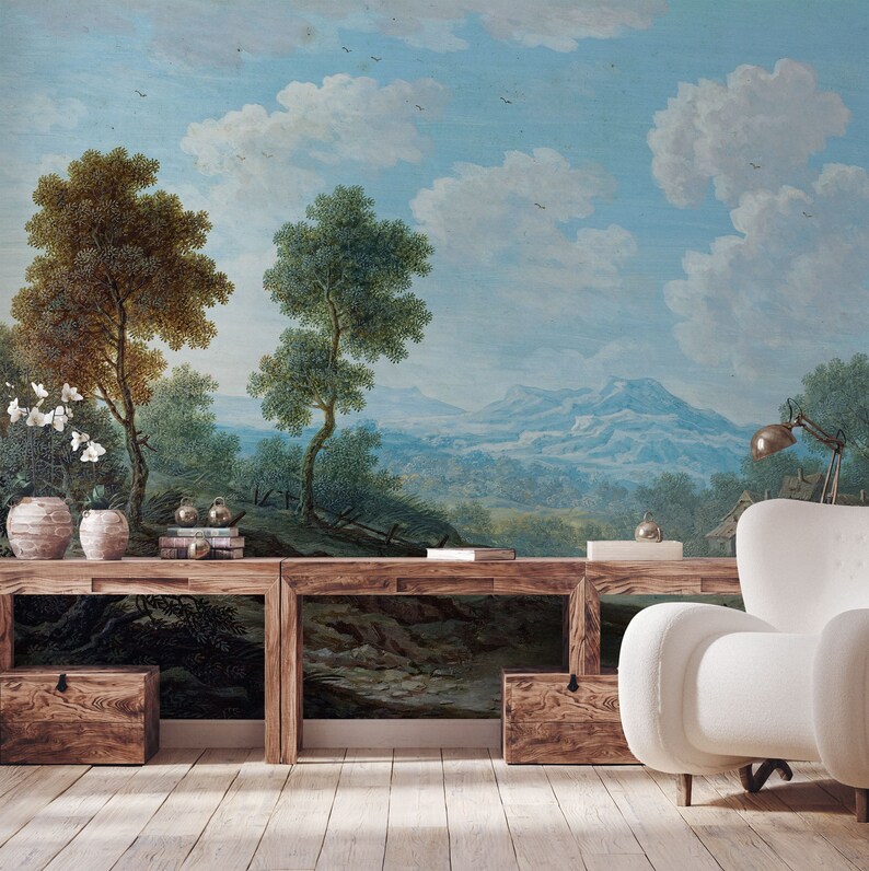 Scenic Vintage Landscape Wallpaper Mural | Peel and Stick (self ...