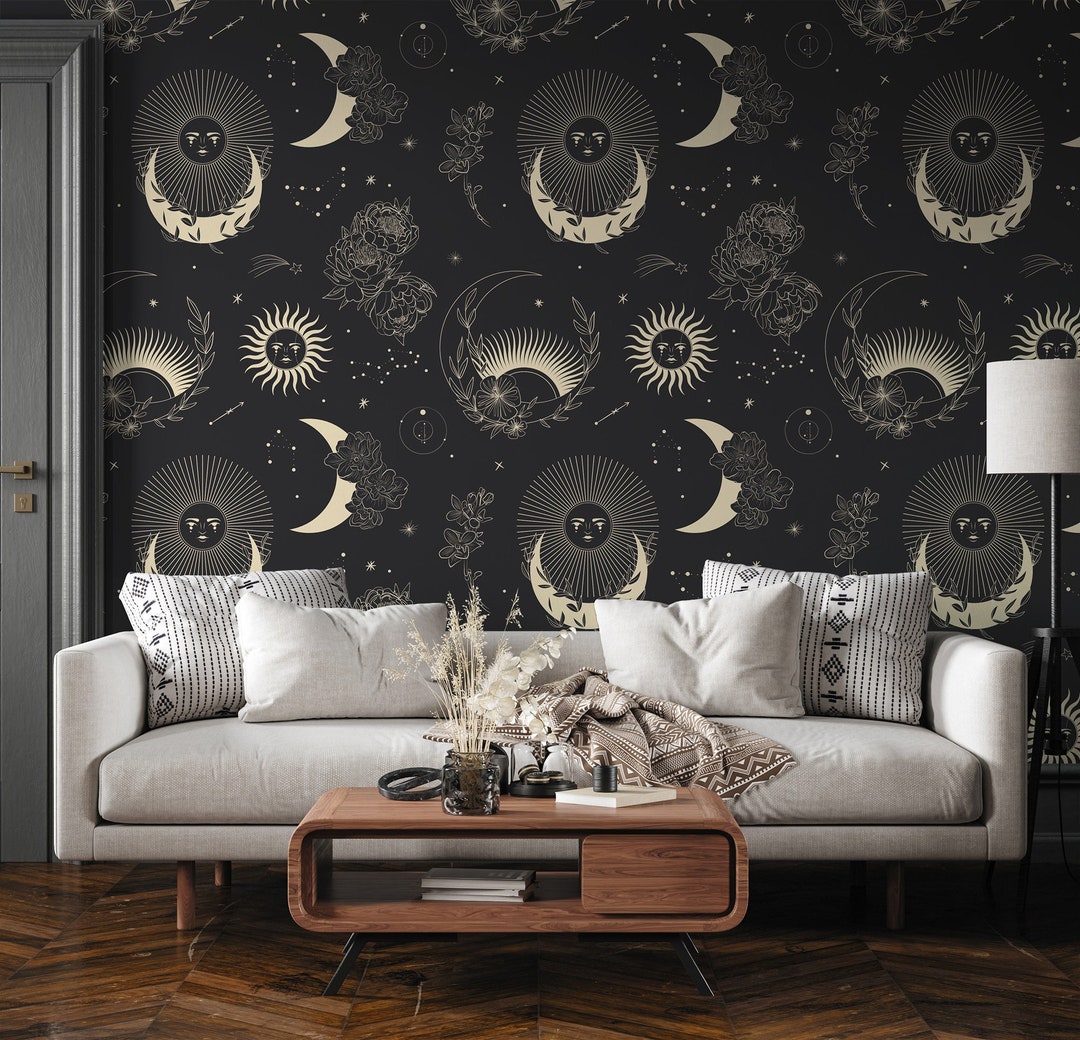 Dark Floral & Celestial Wallpaper, Flower, Moon and Sun Pattern | Peel ...