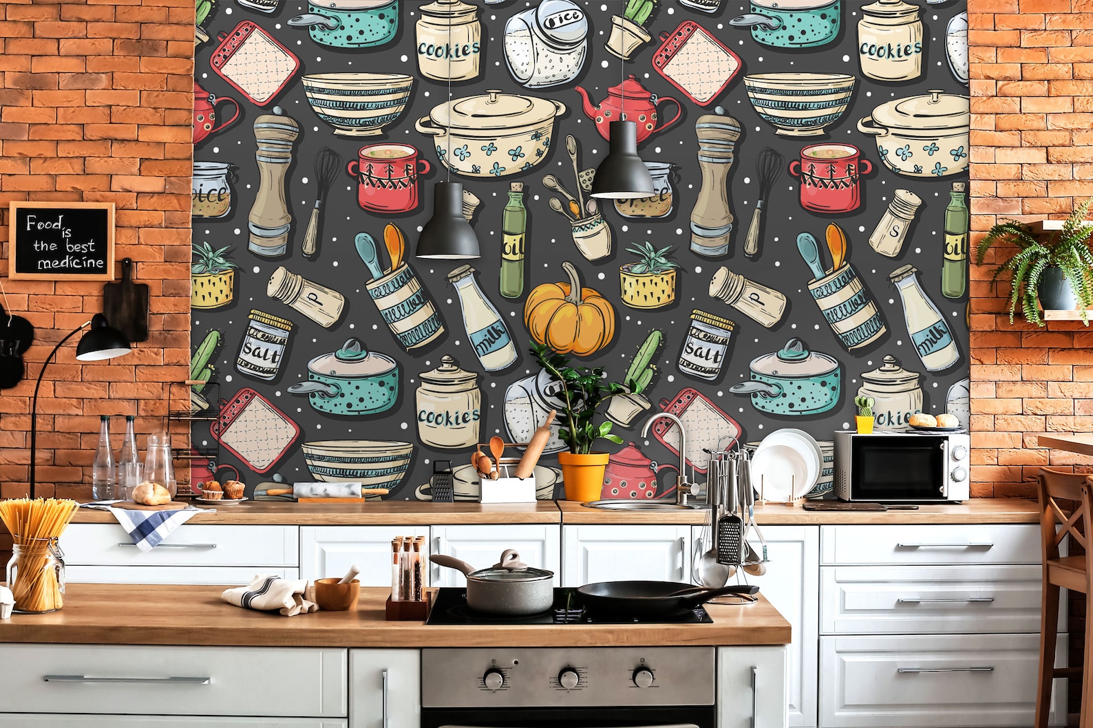 Kitchen Dishes Wallpaper, Restaurant Decor, Peel and Stick or Non ...