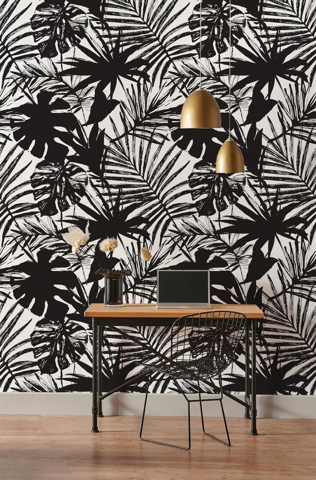 Black and White Tropical Leaf Wallpaper | Peel & Stick Wall Mural - Etsy