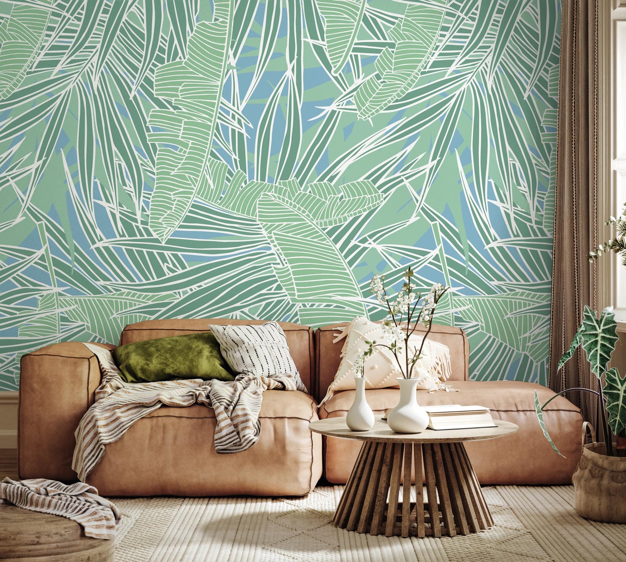 Tropical Leaf Wallpaper, Abstract Pastel Wall Mural, Peel and Stick - Etsy