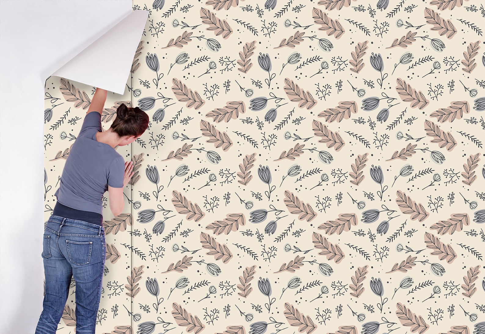 Beige Wallpaper With Small Leaf and Flower Pattern Self - Etsy