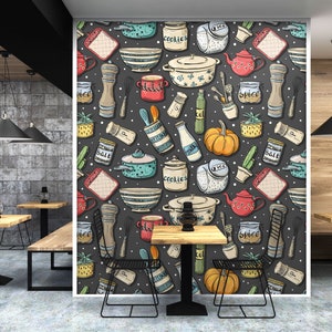 Kitchen Dishes Wallpaper, Restaurant Decor, Peel and Stick or Non ...