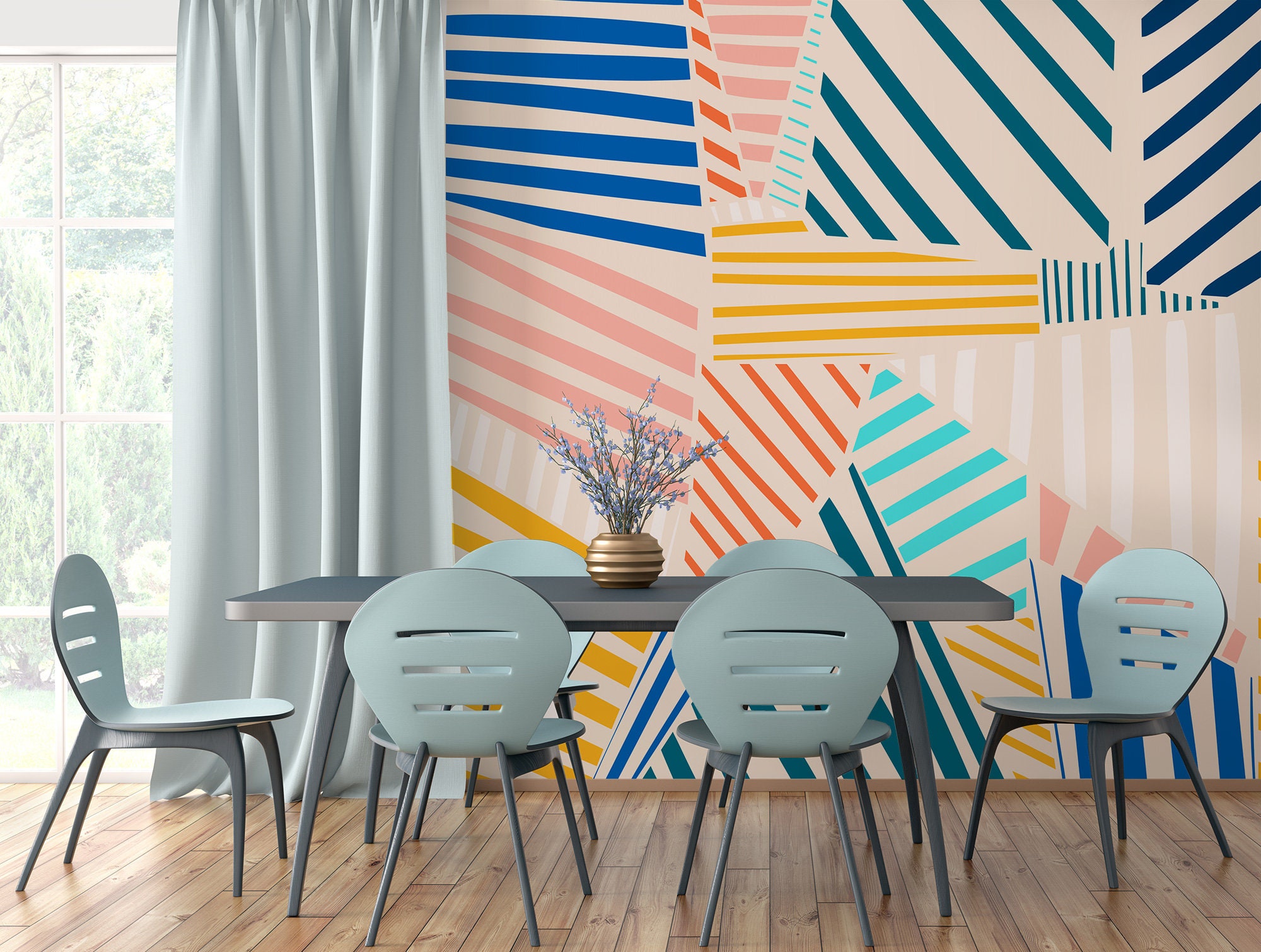 Colorful Geometric Wallpaper With Stripes Self Adhesive Peel - Etsy