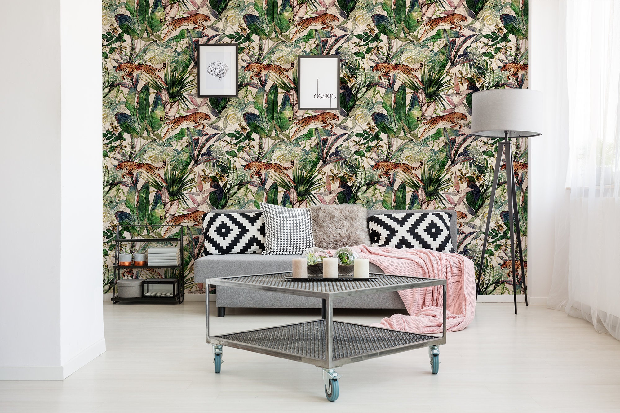 Tropical fauna and flora pattern peel and stick wall mural | Etsy