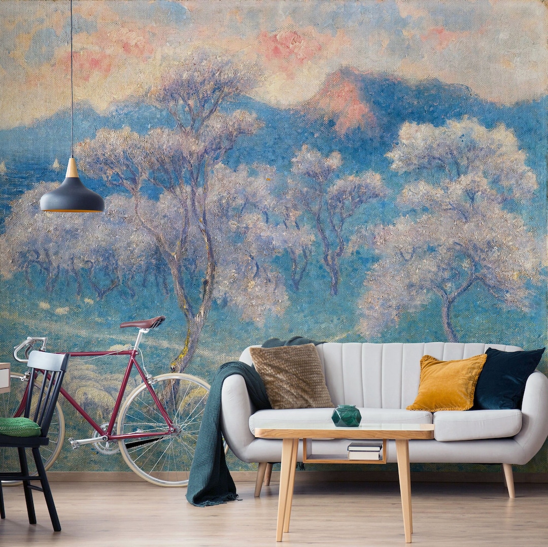 Blue Landscape Wallpaper With Tree, Abstract Wall Mural, Scenic ...