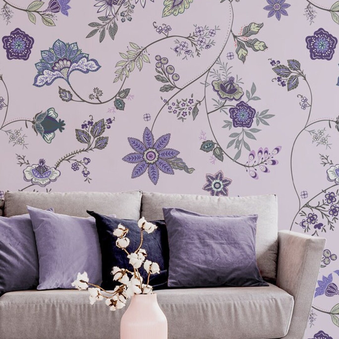 Lilac Ethnic Floral Leafy Wallpaper, Purple Abstract Pattern* | Peel ...