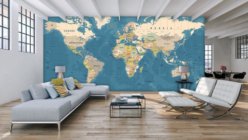 World map muralprint paintinghome decorwall decalremovable | Etsy