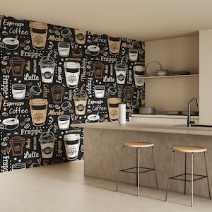 Coffee Bar Wallpaper, Dark Mural, Restaurant and Kitchen Wall Decor ...