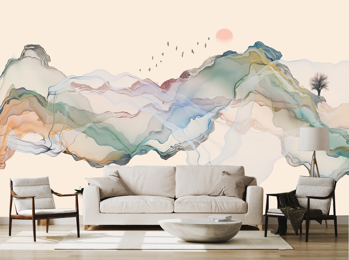 Abstract Japanese Art Wallpaper Painted Landscape Mural | Etsy