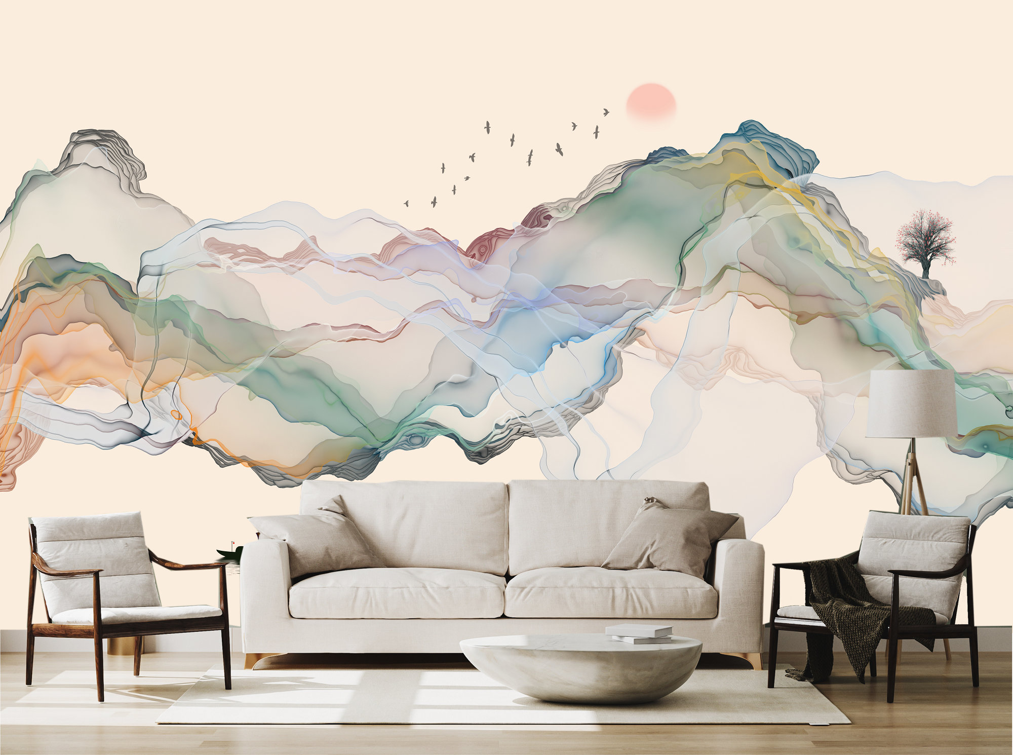 Abstract Japanese Art Wallpaper Painted Landscape Mural | Etsy