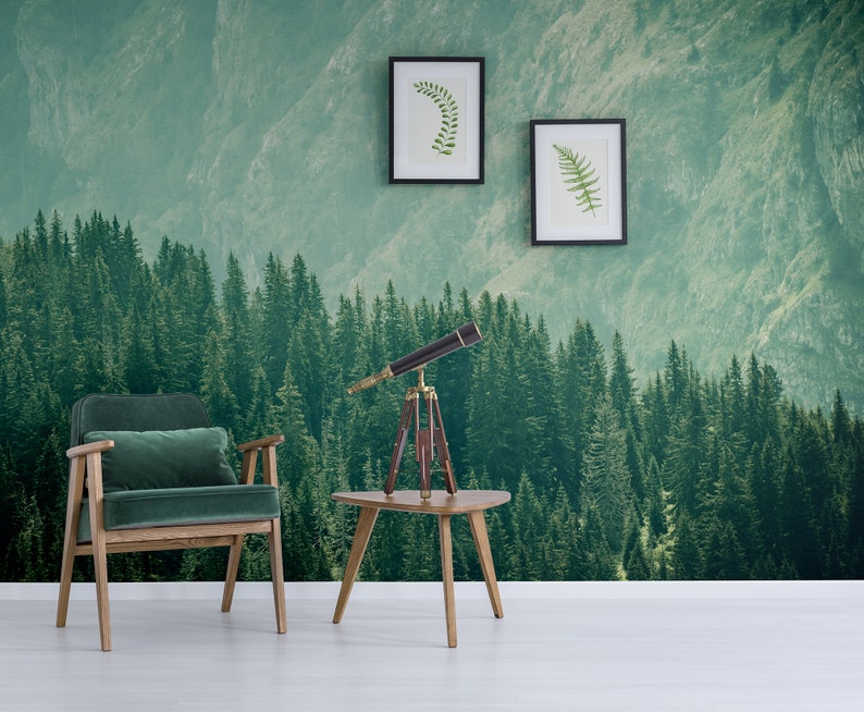 Mur de montagne de forêt verte, auto-adhésif, peinture murale peler et ...