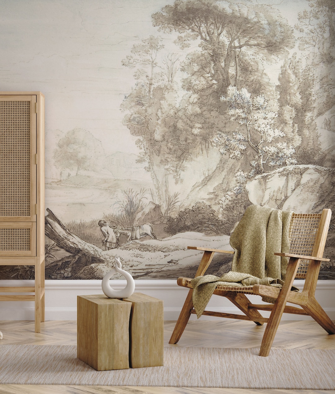 Beige Landscape Wallpaper, Forest Wall Mural | Peel and Stick (self ...