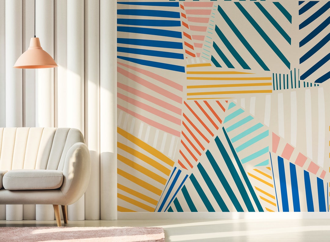 Colorful Geometric Wallpaper With Stripes, Self Adhesive, Peel and ...