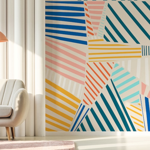 Colorful Geometric Wallpaper With Stripes Self Adhesive Peel - Etsy