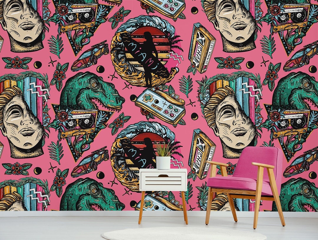 Pink Retro Wallpaper, VHS, Miami Surfing Woman, Statue Head ...