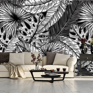 Black and White Vector Tropical Jungle Wallpaper, Monstera and Palm and ...