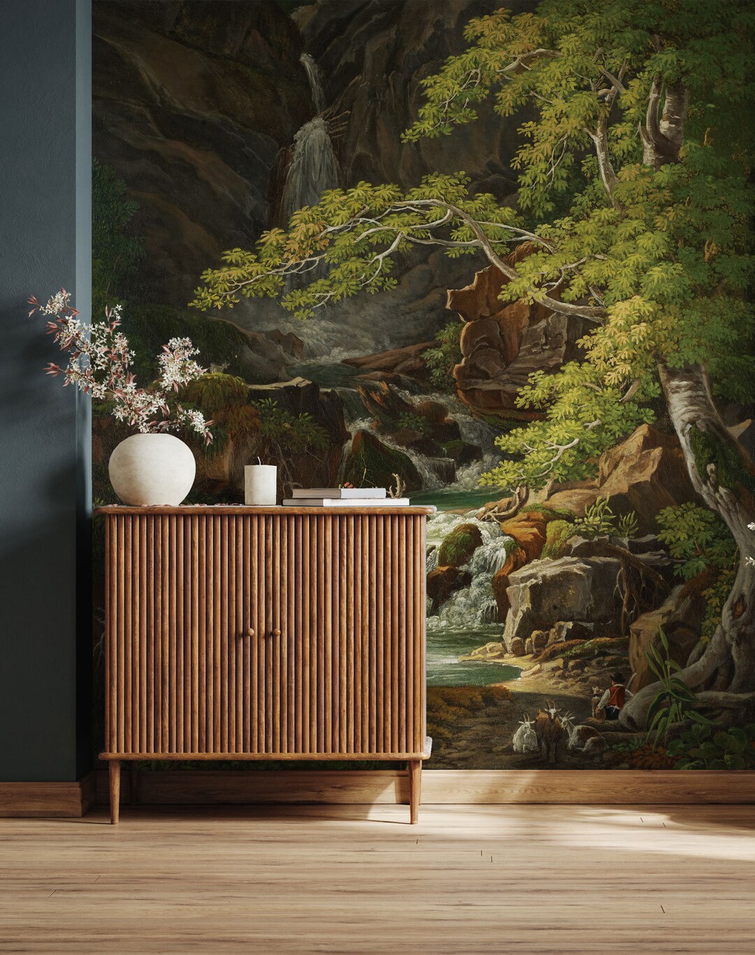 Mountain Stream Wall Mural, Landscape Wallpaper, Vintage Painting Wall ...