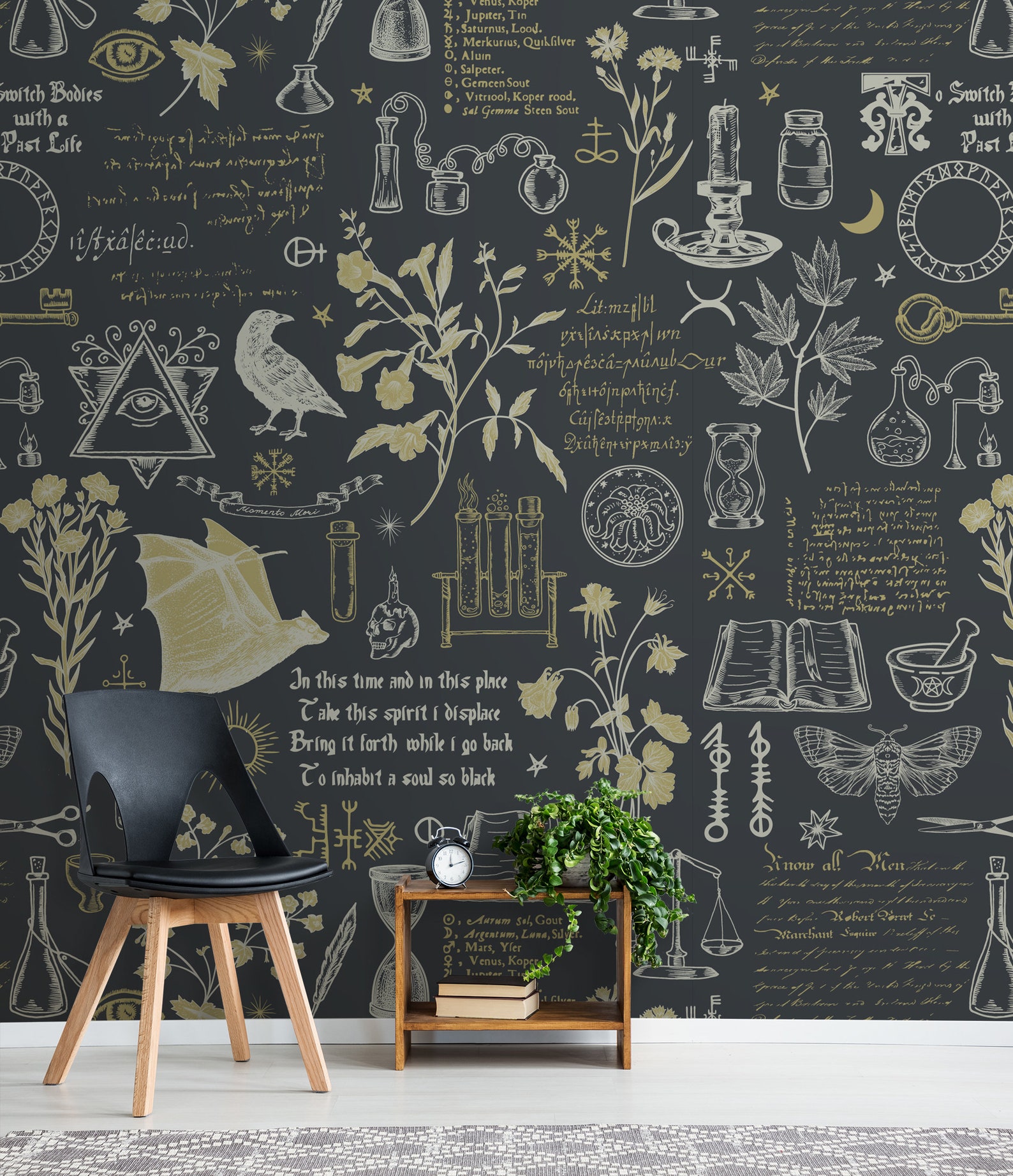 Dark Gray and Yellow Alchemy Motive Wallpaper With Ravens - Etsy